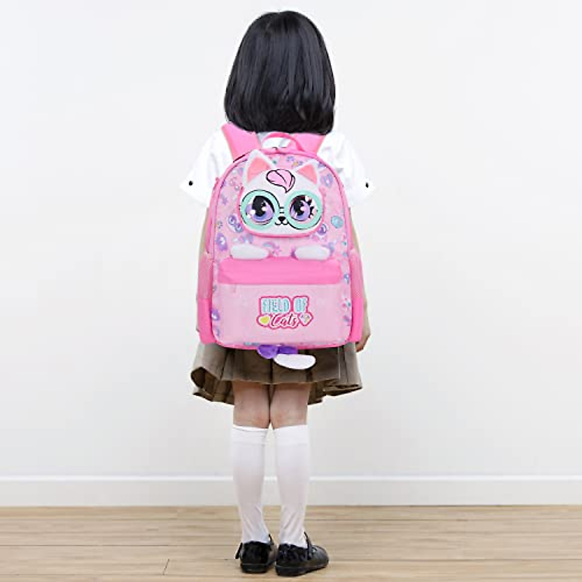 Charming Kids Cat Backpack with Lunch Box Set - For Preschool, Kindergarten, Elementary School Girls (Ages 3-8), Medium Size (15", 7.4L)