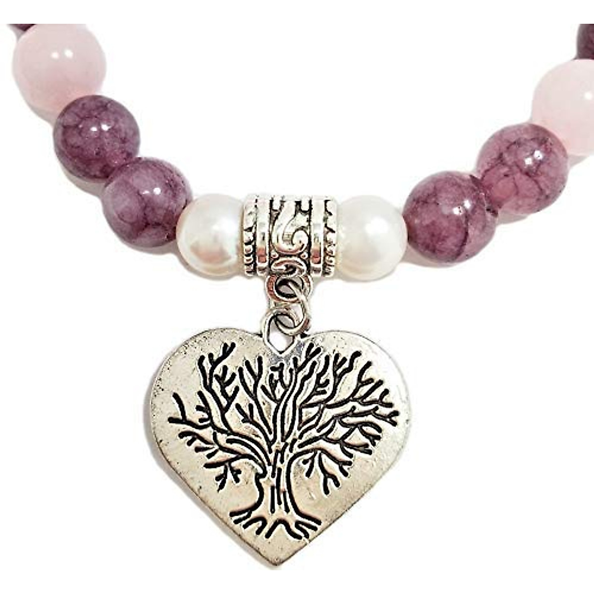 Tree of Life Heart Charm Bracelet with REAL Natural Stones Lepidolite & Rose Quartz & South Sea Pearl - Chakra Bracelet Anti-Stress Anti-Anxiety Gemstones Jewelry (lepidolite)