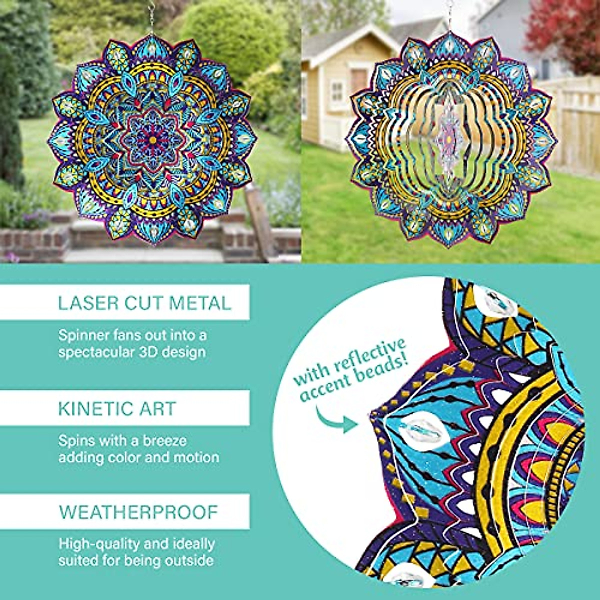 Exhart 3D Mandala Wind Spinner – Laser Cut Metal Mandala Art Hanging Décor w/Crystal Accent Beads –Starburst Décor, Hanging Wind Spinner, 3D Metal Art, Indoor/Outdoor Decor, 12 Inches