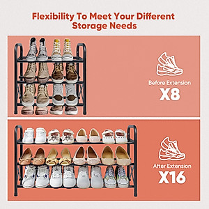 Tadelz 3-Tier Expandable Shoe Rack, Adjustable Metal Shoe Rack for Closet Free Standing Shoe Shelf Storage Organizer for Front Door Small Space Entryway Garage Hallway Bedroom, Black