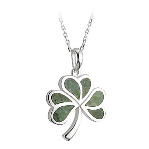 Biddy Murphy, Women's Irish Shamrock, Lucky Three Leaf Clover 925 Sterling Silver Pendant 18" Inch Necklace with Connemara Marble Inlay