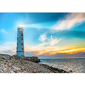 BELECO 7x5ft Fabric Seaside Lighthouse Backdrop for Photography Lighthouse Searchlight Beam Sunset Seascape Scenery Background Nautical Party Decorations Studio Booth Photo Props