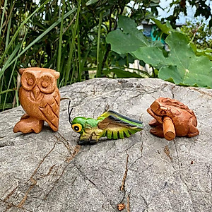 Handmade Wooden Percussion 3 Pcs Set 3 Inch Wooden Frog, 4 Inch Wooden Cricket and 3.5 Inch Wooden Owl, Gift Decor,(Green Wooden Cricket Brown Wooden Frog/Owl)