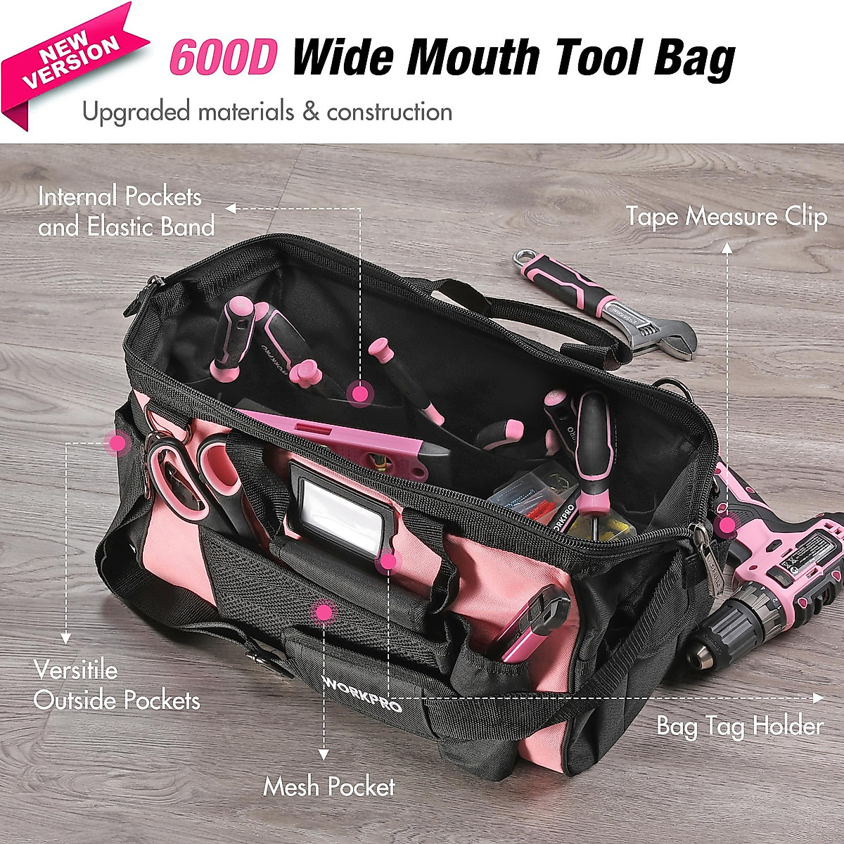 WORKPRO Pink Drill Set with UPGRADED Tool Bag, 157PCS Tool Kit For Home with 20V Cordless Drill Driver, Household Pink Tool Set including Screwdriver, Hammer, Tool Kit for Women and Men-Pink Ribbon