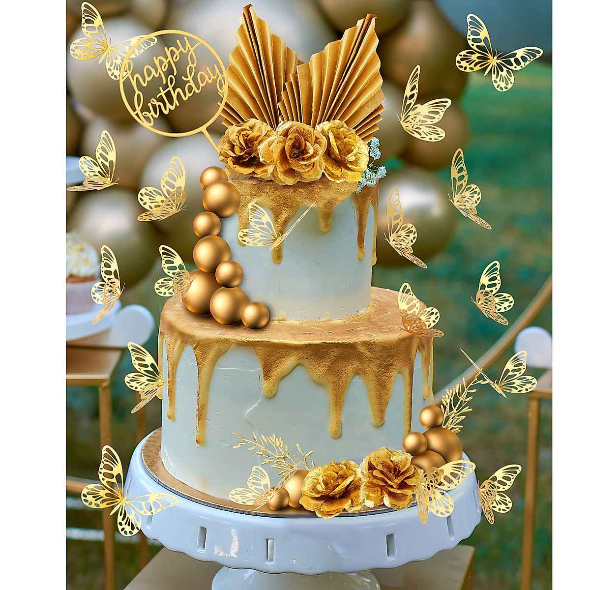 52 Pcs Flower Toppers for Cake Gold Balls Decorations Boho Topper Butterfly Birthday Wedding Baby Shower Party Decoration(Gold)