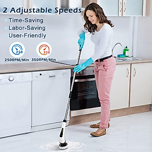 Electric Spin Scrubber, Cordless Cleaning Brush Tub Tile Scrubber for Home, 8 Replaceable Brush Heads, 90Mins Work Time 3 Adjustable Handle 2 Adjustable Speeds for Bathroom Shower Bathtub Glass Car