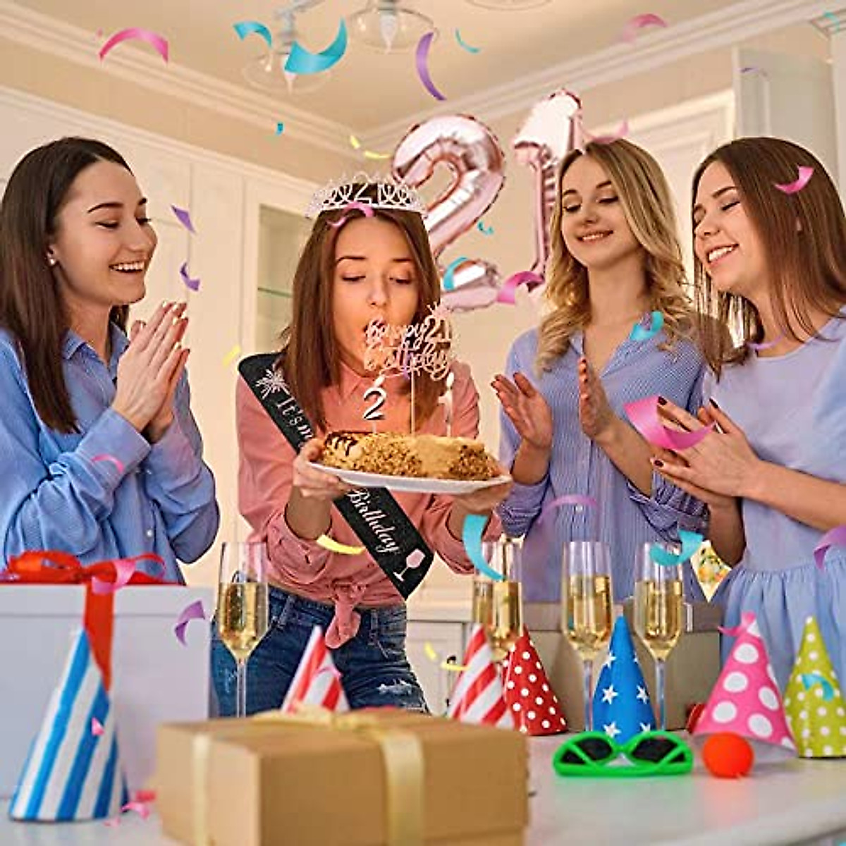 GYESXYW 21st Birthday Decorations for Her, Including 21st Birthday Sash Black Rose Gold, Cake Topper Candle and 32 Inch Rose Gold Large Foil Mylar Digital Balloons 21, 21st Birthday Gifts for Her