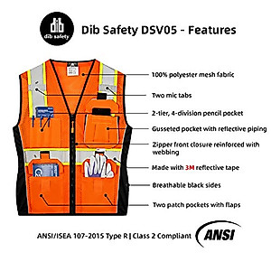 Dib Safety Vest for Women with Pockets, Mesh Reflective Vest High Visibility, ANSI Class 2 Made with 3M Reflective Tape, Orange and Black S