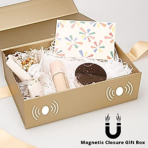 MONDEPAC Gift Box 11x7.5x3.5 Inches,Gold Gift Boxes with Magnetic Lid，Christmas Gift Box Contains Card, Ribbon, Shredded Paper Filler Gift Box for Gift Packaging,Christmas Birthdays Gift Packaging