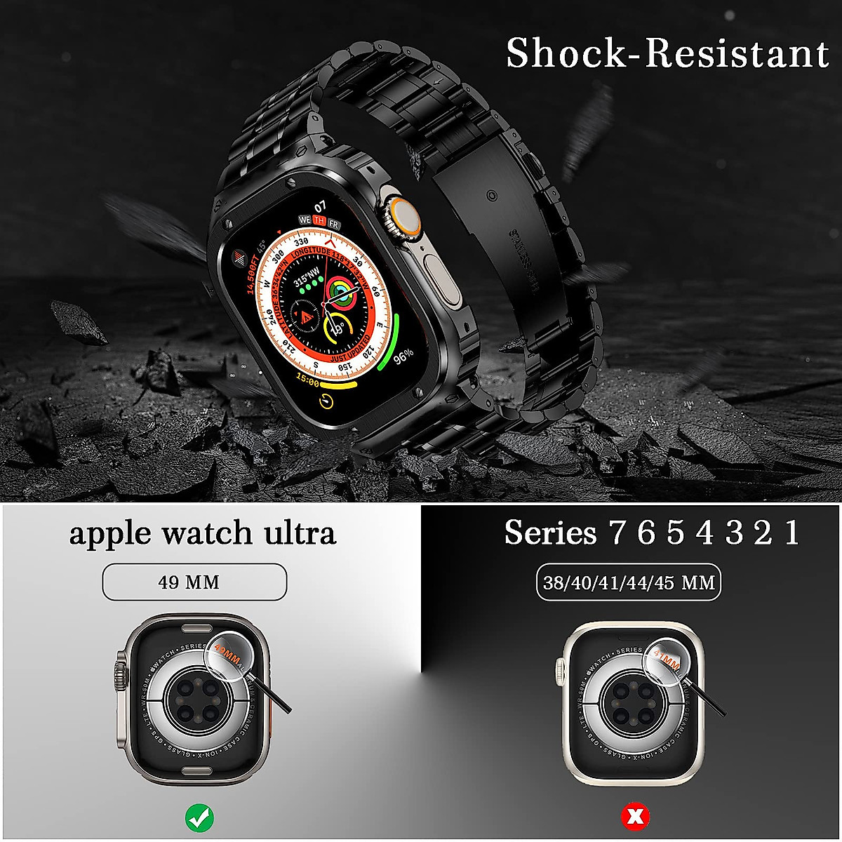 HASLFM Stainless Steel Watch Band with Case Compatible with Apple Watch Ultra/Ultra 2(49mm),Metal Strap and Rugged Protective Cover for iWatch Bands Cases Men, Black