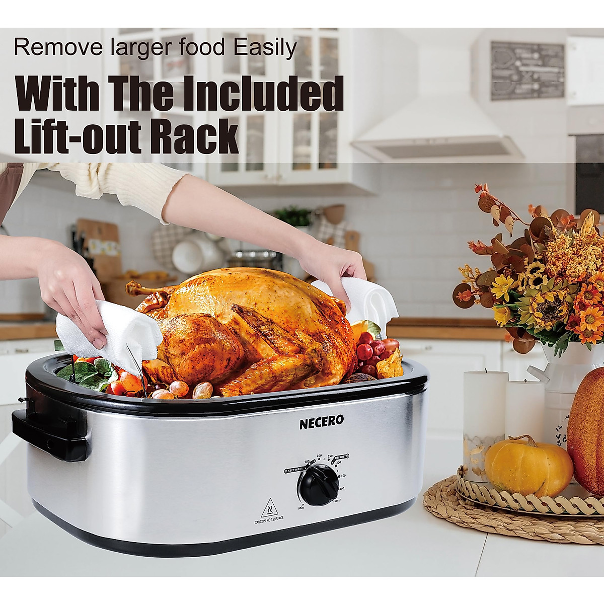 NECERO Roaster Oven 28 Quart Electric, Electric Roaster Pan with Visible&Self-Basting Lid, Large Stainless Steel Electric Turkey Roaster Oven Defrost Warm Function, Removable Pan Rack, Up To 24LB