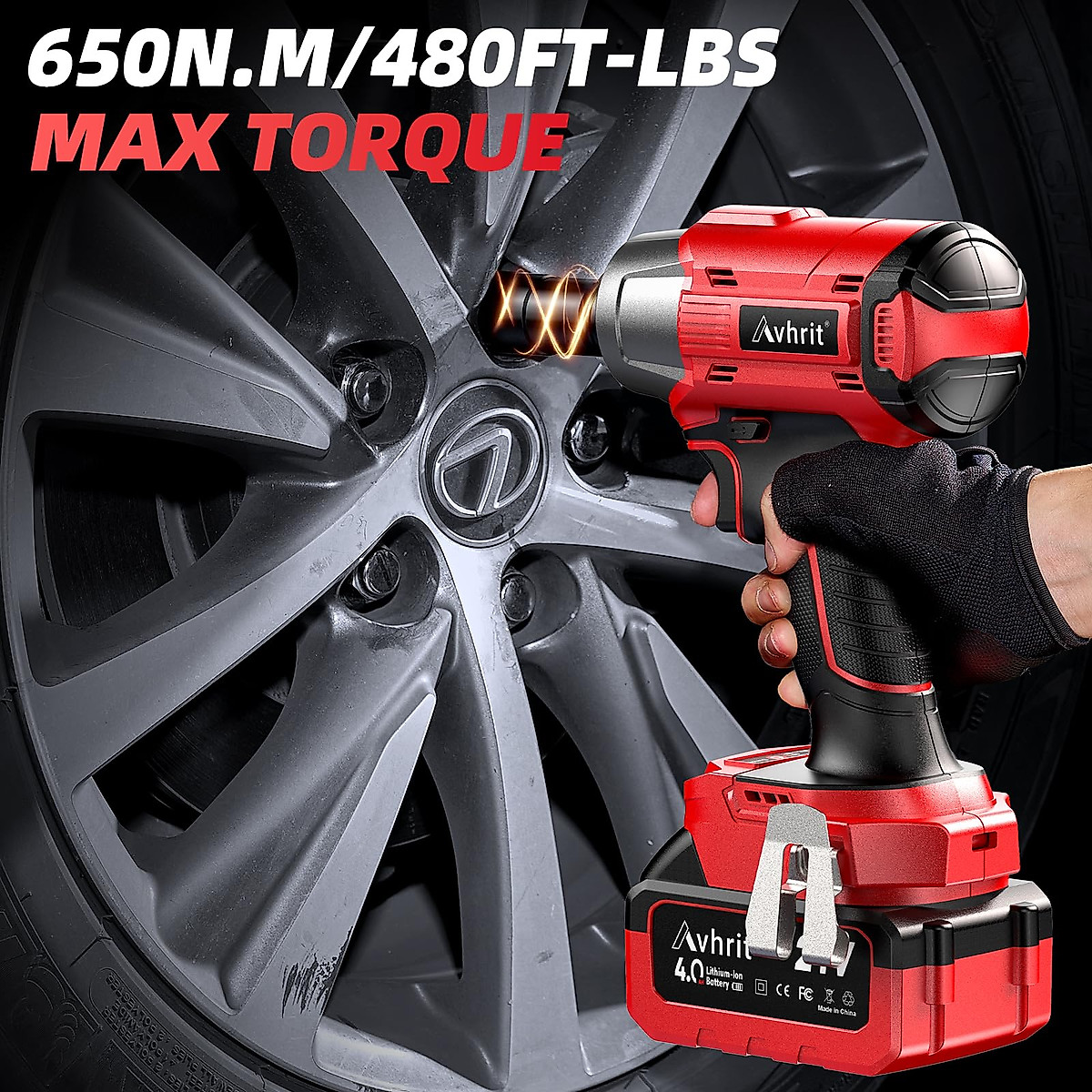 Cordless Impact Wrench 1/2 inch, 480Ft-lbs (650Nm) Brushless Power Impact Gun 1/2 drive w/ 4.0Ah Battery, 4 Sockets, 6 Screwdriver Bits, Fast Charger, Electric Impact Wrench for Car Tire