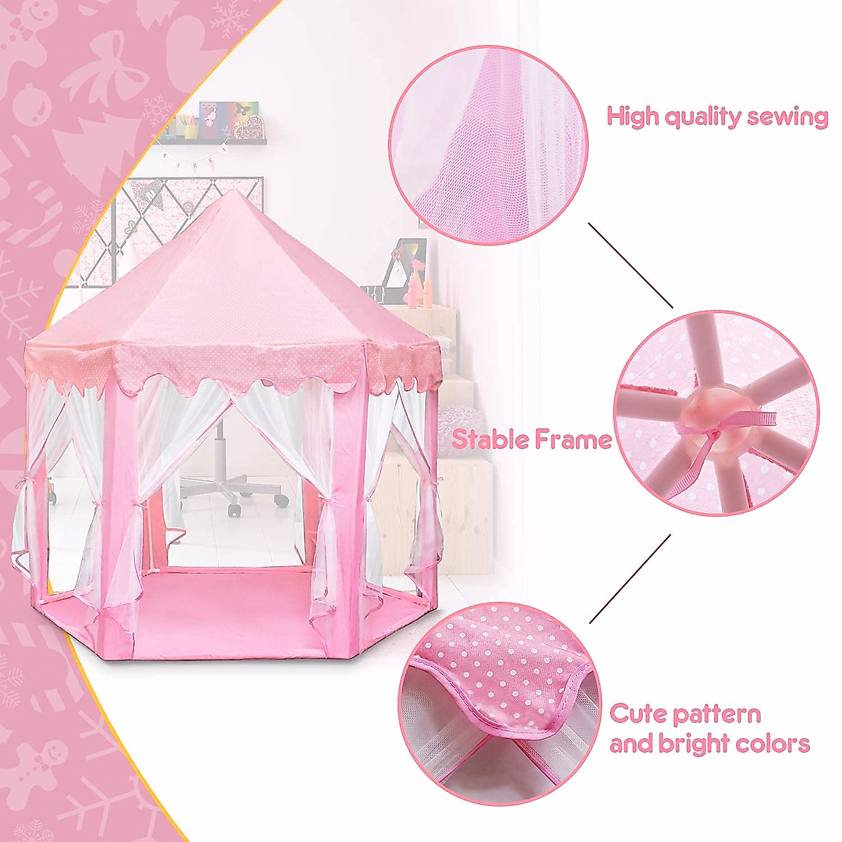 TOY Life Princess Castle Tents for Girls Princess Playhouse Tent with Lights Princess Tiara and Wand 55" x 53" Tents for Kids Princess Play Tent Indoor & Outdoor Games for Girls Birthday Gift