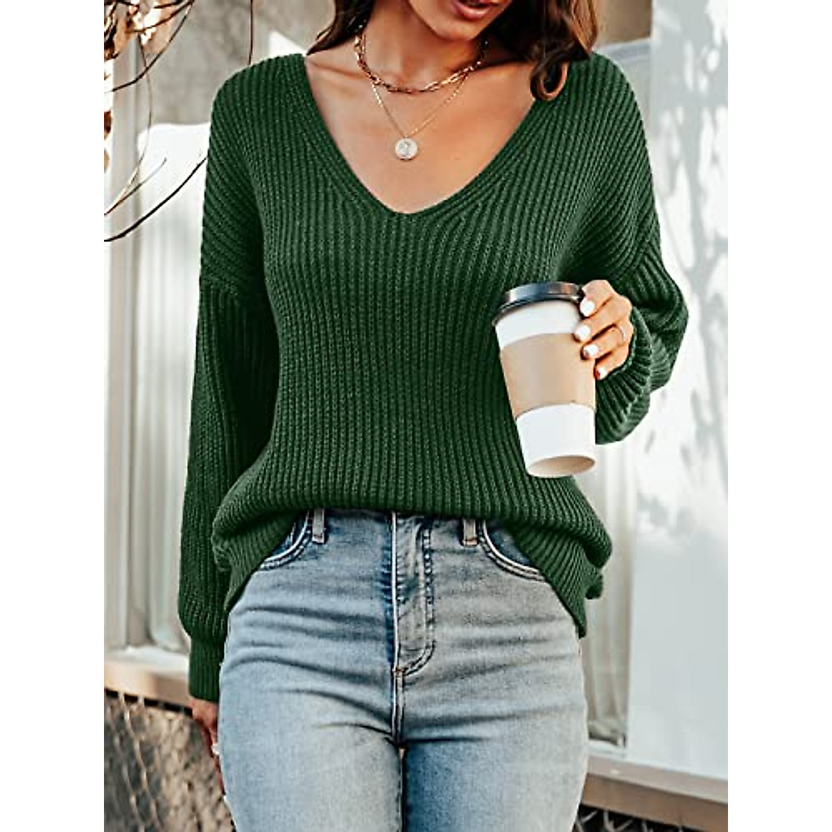 CUPSHE Women's Casual V Neck Sweater Fall Knit Oversize Fitted Pullover with Long Sleeves, Green S