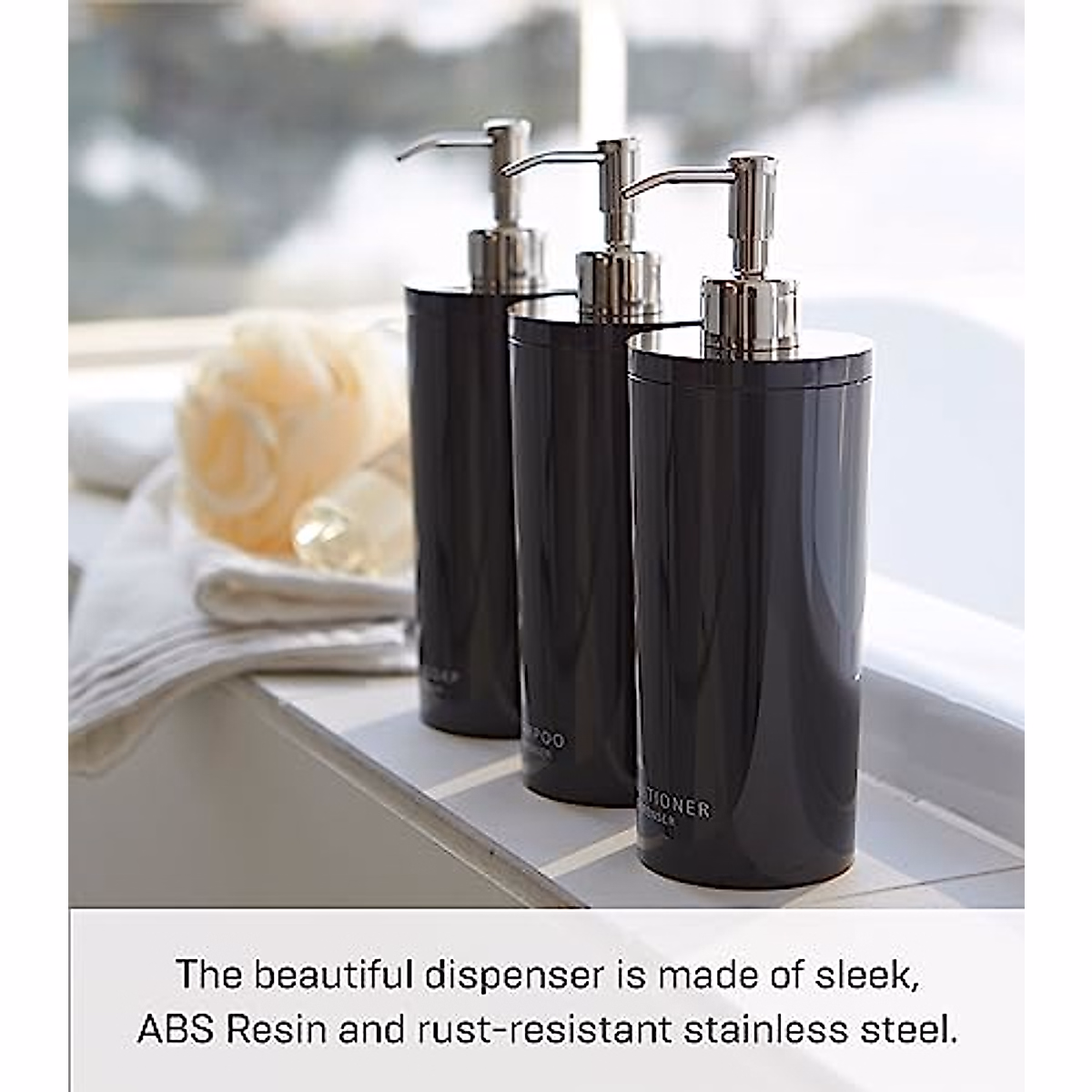 Yamazaki 2929 Tower Shampoo Dispenser Contemporary Bottle Pump for Shower, Round, Black & Silver