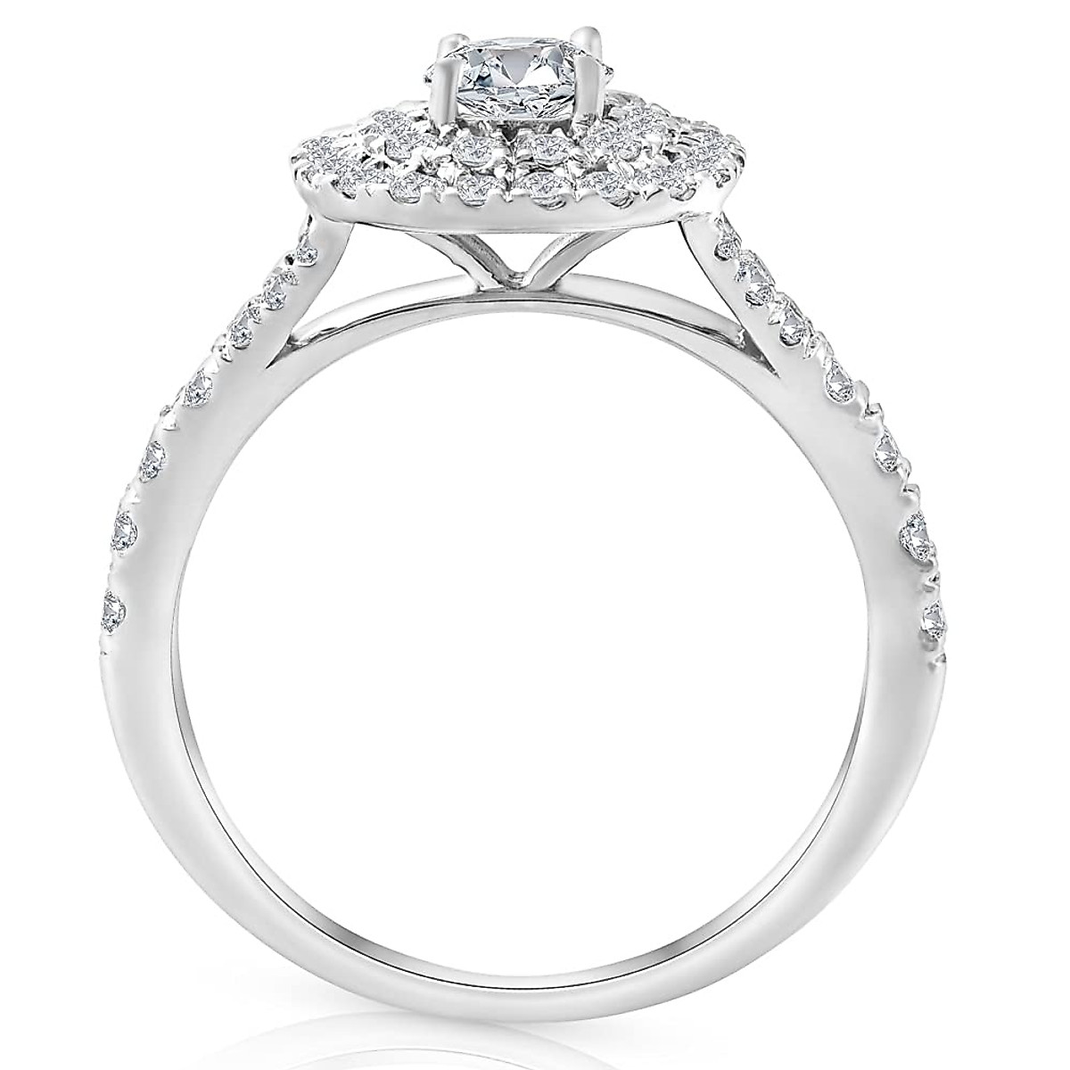 Pompeii3 10k White Gold 1 Ct T.W. Round-Cut Diamond Cushion Double Halo Engagement Ring Split Band High Women's Polished Band