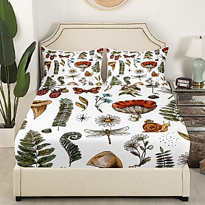 Mushroom Bed Sheets Full Size 4 Pcs Wild Dragonfly Butterfly Hippie Daisy Sheets Set for Teens Adults Botanical Leaves Outdoor Plants Rustic Style Bedding Set with Flat,Fitted Sheet,2 Pillowcases