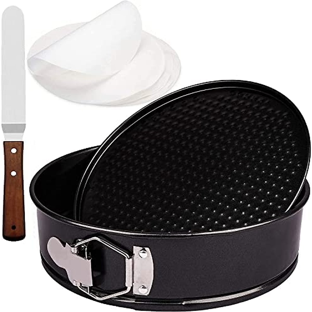 RFAQK Non-Stick 9 Inch Springform Pan - Spring form Pan for Cheesecake with Removable Bottom, Bonus Icing Spatula with 30 Pcs Parchment Paper & Recipe E-Book - Ideal for Baking Cakes, Pizzas, & More!