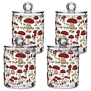 ALAZA Mushroom Red Cartoon 2 Pack Qtip Holder Dispenser w/ Lid 14 Oz Plastic Apothecary Jar Containers Bathroom for Cotton Swab, Ball, Pads, Floss, Vanity Makeup Organizer (g286950493p746c790s1724)