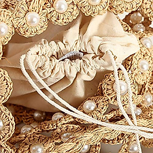 QTKJ Hand-woven Hollow Out Soft Straw Shoulder Bag with Pearl Flower, Boho Straw Handle Tote Summer Beach Bag Handbag