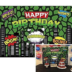 BINQOO 7×5ft Cartoon Birthday Backdrop Green American Comics Cityscape Buildings Photography Background Tortoise Boy Newborn Baby Shower Kids Decoration Birthday Party Photo Booth Prop