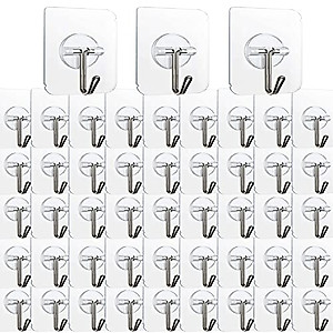 KAKAMINA 100 Pack Adhesive Hooks Wall Hooks 24lb(Max) Heavy Duty Self Adhesive Hooks,Transparent Reusable Adhesive Wall Hooks for Hanging for Kitchens, Bathroom, Office