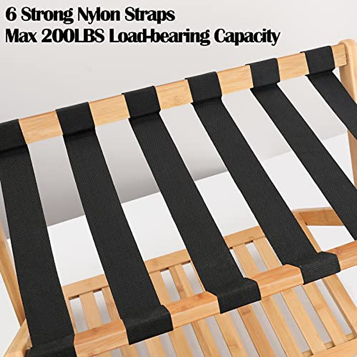 Purbambo Luggage Rack for Guest Room, Suitcase Stand with Storage Shelf, Bamboo Frame, 6 Nylon Straps, Foldable for Easy Storage