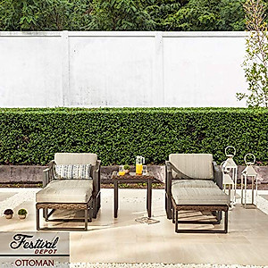 Festival Depot Patio Ottoman Wicker Footstool with Thick Cushion Metal Frame Outdoor Furniture for Deck Yard All Weather (Grey)