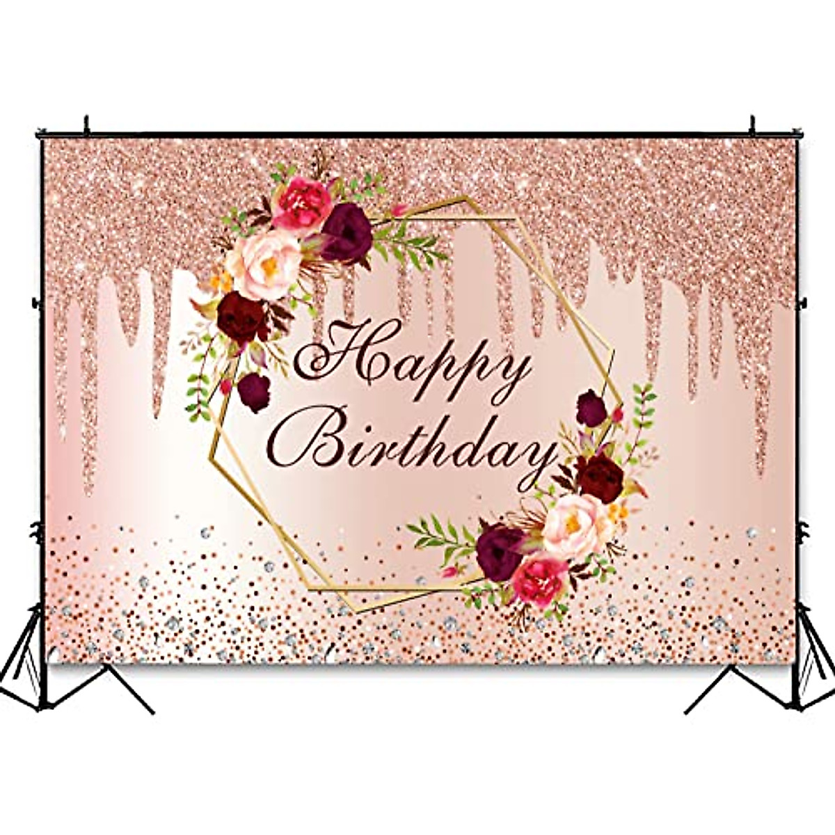 InMemory Glitter Rose Gold Birthday Backdrop Burgundy Flower Happy Birthday Photography Background Pink Gold Floral Backdrops for Women Girl Adult Bday Party Decorations Banner Photo Booth Props 7x5ft