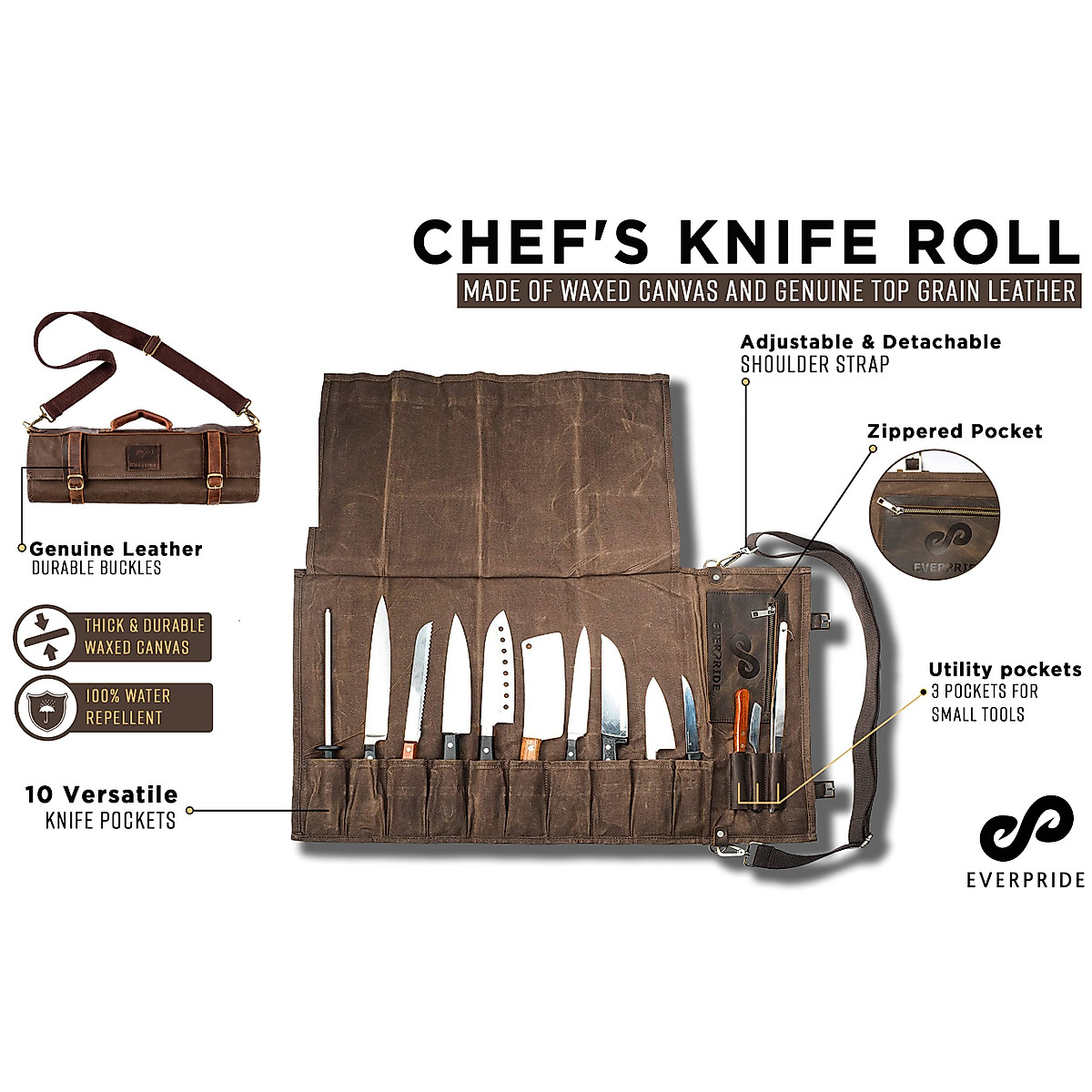 EVERPRIDE Waxed Canvas and Leather Chef Knife Roll Bag – Chef Bag Holds 10 Knives up to 18” PLUS Pocket for Cooking Accessories – Durable Knife Case for Professional Chefs – Knives Not Included