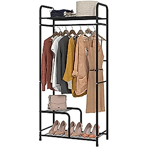 TZAMLI Clothes Rack with 3 Shelves and Rod, Metal Clothing Rack Garment Rack for Hanging Clothes, Standing Storage Shelf Unit for Closet (Black-3 Tier)