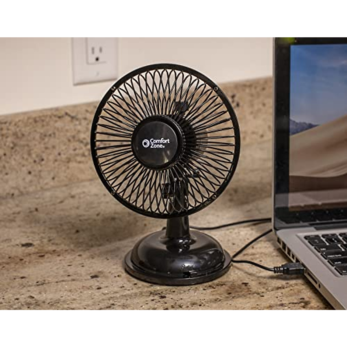 Comfort Zone CZ5USBBK 5” 2-Speed Dual Base USB or Battery-Operated Desk Fan, 360-Degree Adjustable Angle, LED Power Indicator Light, Black