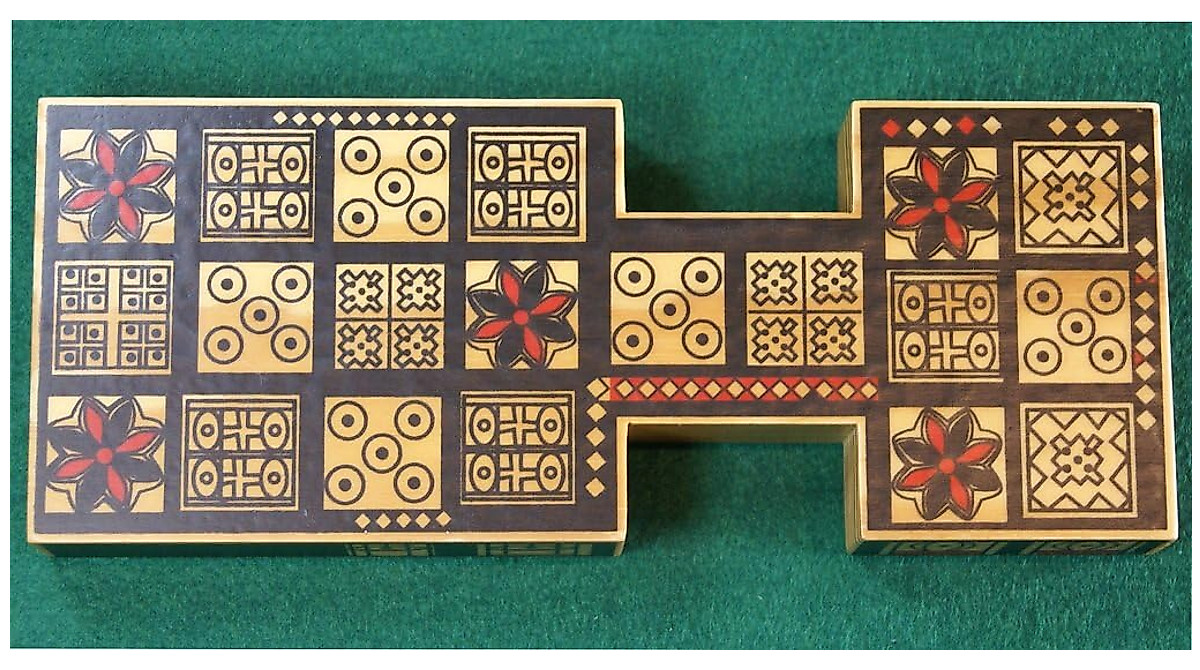 Royal Game of Ur Board Game with Wooden Pieces and Pyramid Dice