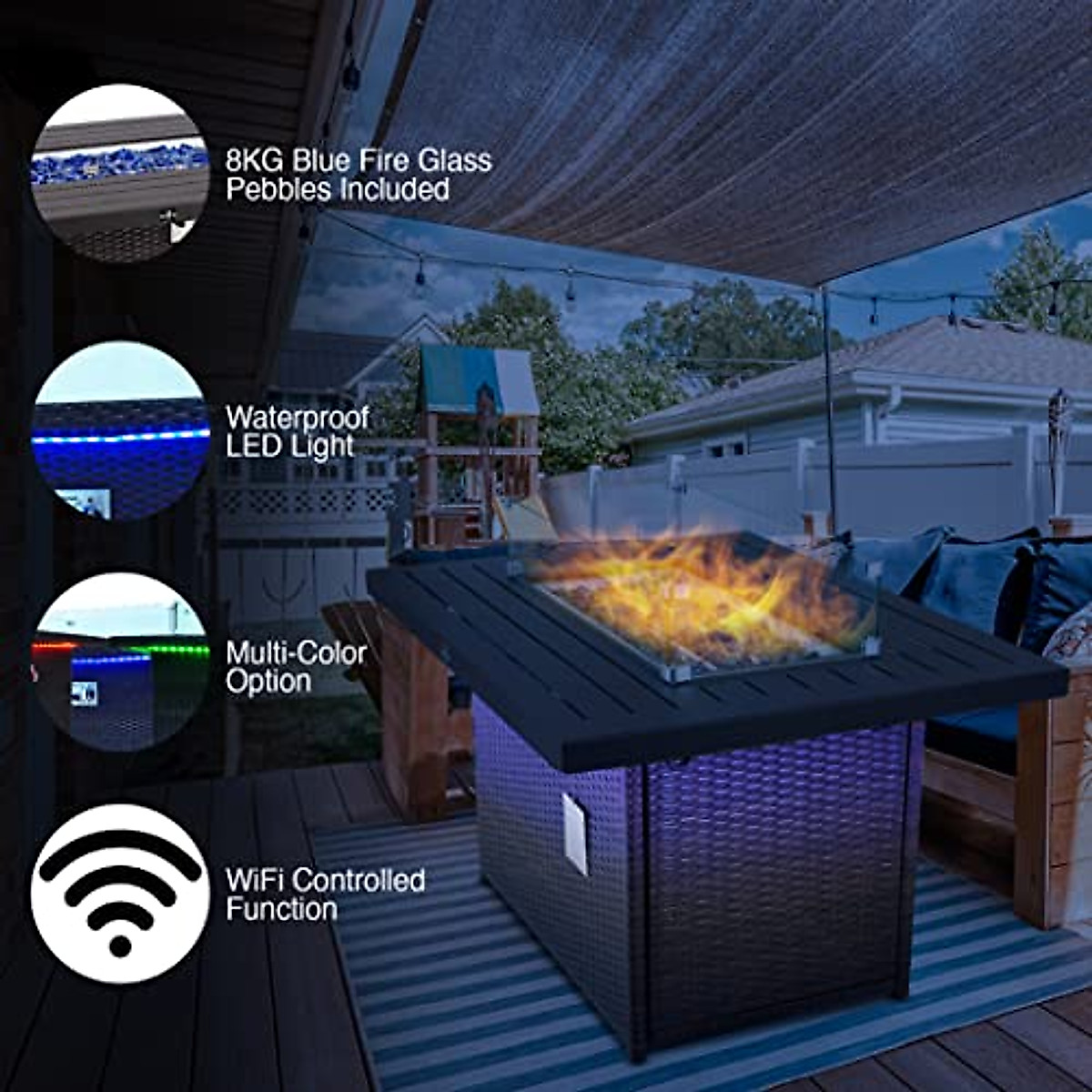 BENAIYA Patio Fire Pit Table 44x 32x 26, 50000 BTU Gas Heater for Gardens, Outdoor Firepit with Wind Guard, Stainless Steel Burner & Brown Rattan Body