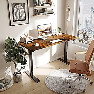 KKL 55-inch Height Adjustable Electric Standing Desk, 55 x 28 Inches Stand Up Desk with Splice Board and Hook, Sit Stand Desk with Rustic Brown Top and Black Frame