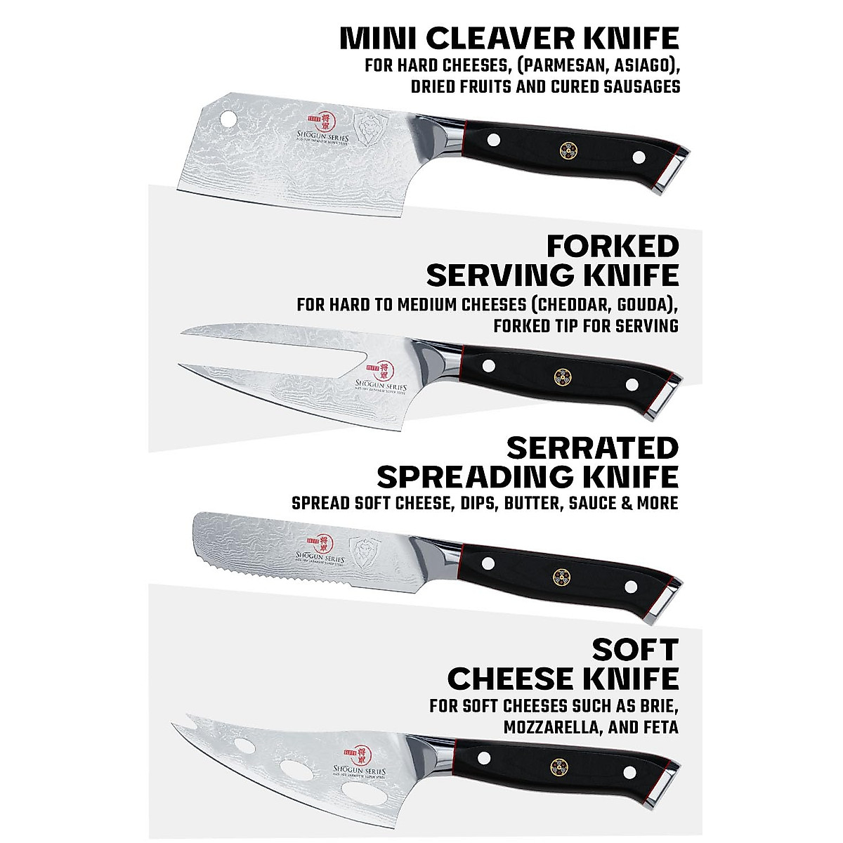 Dalstrong Charcuterie & Cheese Knife Set - 4-Piece - Shogun Series - Mini Cleaver, Serrated Knife, Round-Tip, Forked Cheese Knife - AUS-10V Japanese Steel - G10 Garolite Handle Kitchen - w/Sheath