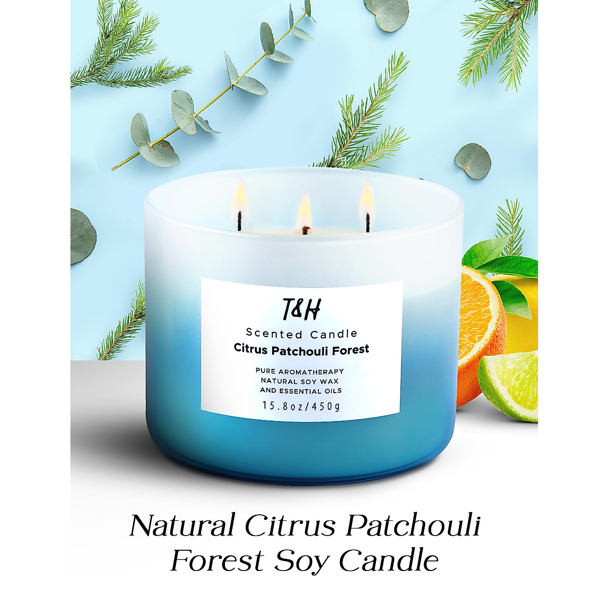 Large Citrus Patchouli Eucalyptus & Cedar Forest 3-Wick Candle - Highly Scented Natural Soy Candle for Home & Office 15.8 oz - Aromatherapy Stress Relief Candle, Refreshing Gift Candle for Women & Men