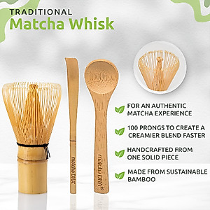 Bamboo Matcha Whisk with Bamboo Spoon and Hooked Bamboo Scoop (Chashaku) Set by MATCHA DNA - Traditional Matcha Whisk Made from Durable and Sustainable Golden Bamboo for Matcha Tea Preparation