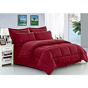 Elegance Linen Wrinkle Resistant - Luxury Silky Soft Dobby Stripe Bed-in-a-Bag 8-Piece Comforter Set - King Burgundy