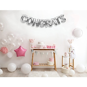 PartyForever Big Silver Congrats Balloon Banner 16 inch Letters for Graduation Party Decorations and Supplies