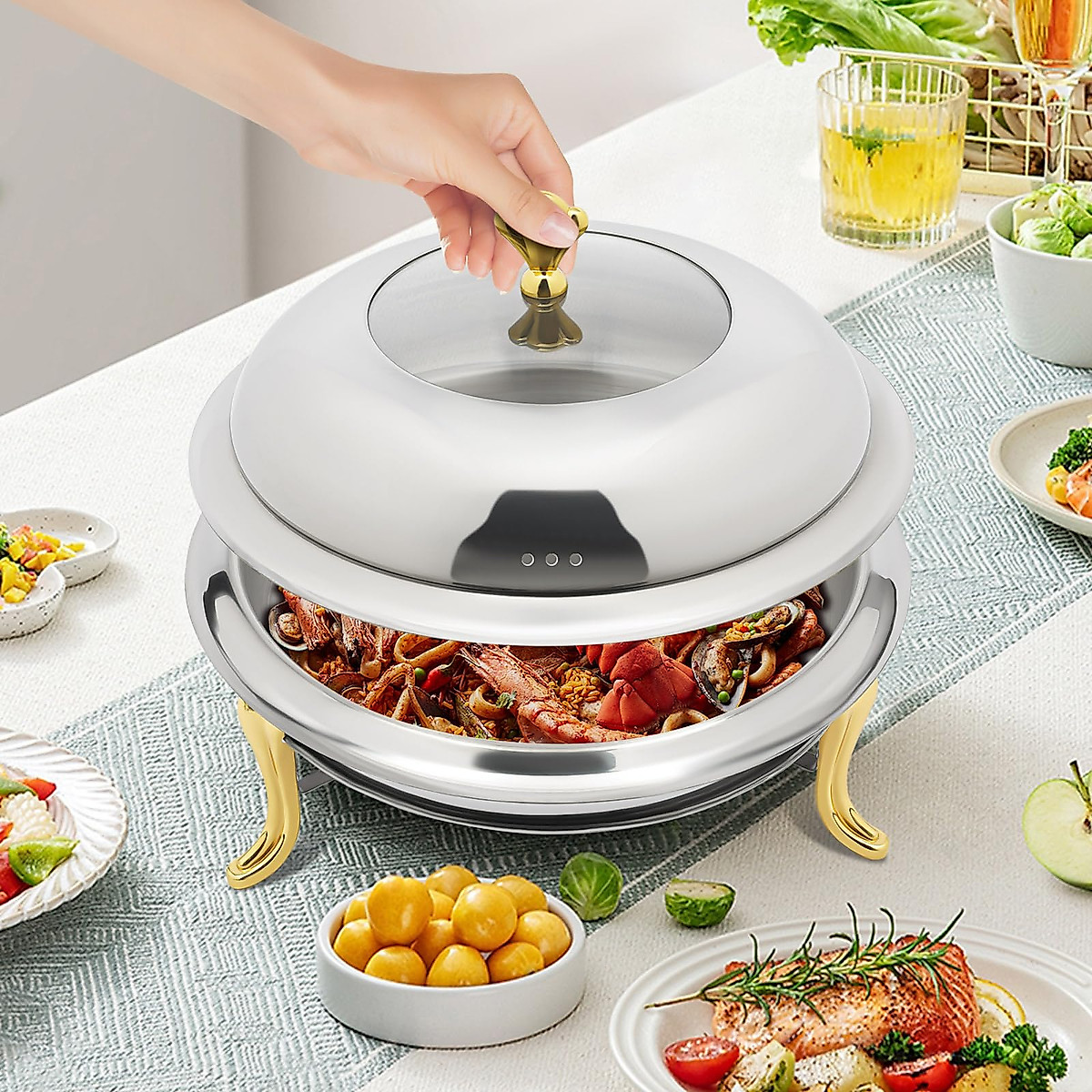 Chafing Dish Buffet Set,Stainless Steel Chafing Dish Set,Round Buffet Servers and Warmers Set with Lid Holder for Wedding Party (Gold-11.02in)