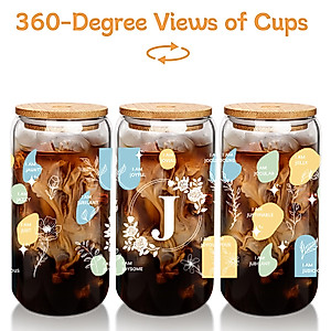 Initial Glass Cups with Lids and Straws, Personalized Gifts for Women 18 oz Iced Coffee Cup Glass Tumbler, Cute Glass Cups Inspirational Birthday Christmas Gifts for Women Girls (J)