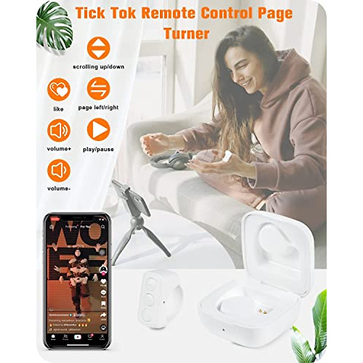 TikTok Remote Control Kindle App Page Turner, Bluetooth Camera Video Recording Remote, TIK Tok Scrolling Ring for iPhone, iPad, iOS, Android - White