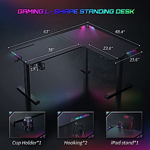 FEZIBO 63 Inch L Shaped Gaming Standing Desk, Electric Height Adjustable Gaming Desk with Triple Motors, Corner Stand up Desk with Cup Holder, Black Frame/Carbon Fiber Top