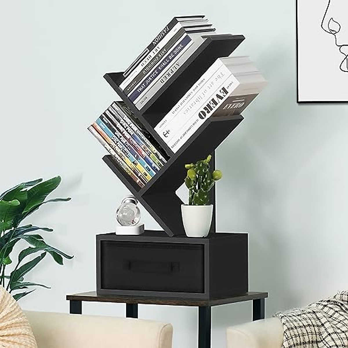 SHEEPAM Small Book Shelf with Drawer,4 Tier Black Tree Bookshelf,Wooden Desktop Bookcase,Modern Desk Display Storage Bookshelves,Floor Standing Organizer Bookcases for Living Room,Bedroom,Office