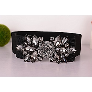 Dorchid Women Retro Belts Rhinestone Cummerbunds Floral Crystal Interlocking Waistband Stretch belt for Female (Black, S-M(26~31"))