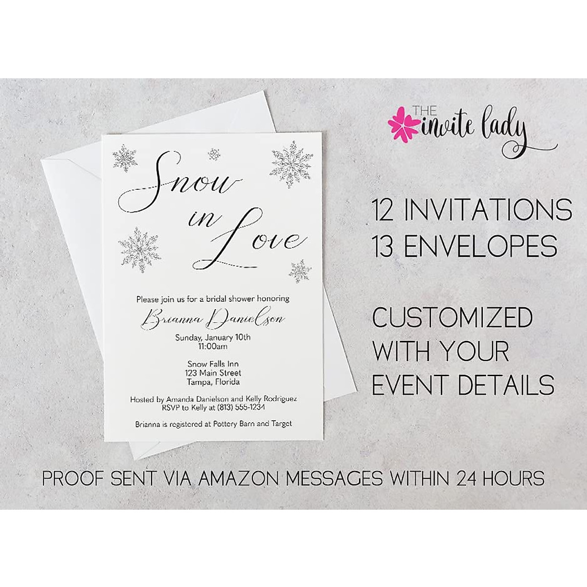 Winter Bridal Shower Invitation White Silver Snow in Love Snowflakes Wedding Couples Shower January February Printed Cards Customized Personalized Cards (12 Count)