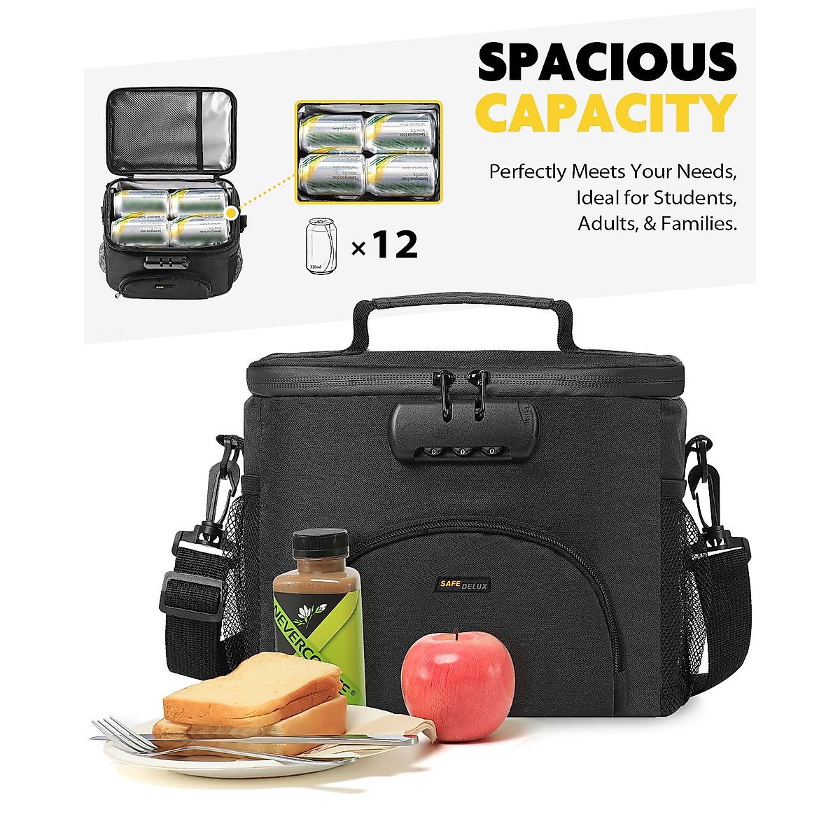 SafeDelux Insulated Lunch Bag with Combination Lock - Durable, Leakproof, Large Cooler Bag with Adjustable Shoulder Strap for Men Women (Black)
