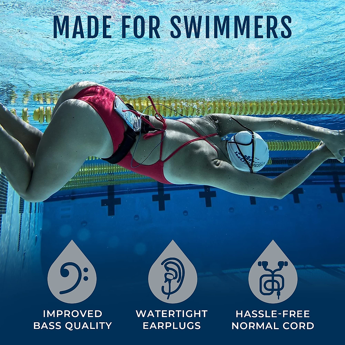 H2O Audio Surge+ 100% Waterproof Headphones | Noise Canceling, Sweatproof, Dustproof and Weather Resistant Swim Headphones Perfect for Swimming & Underwater Activities, Black/Blue Color