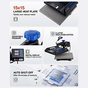 VEVOR 8 in 1 Heat Press Machine 15x15 Inch, 360° Swing Away Shirt Press Machine - Digital Professional Heat Transfer Tshirt Press Machine, Sublimation Heat Press for T Shirts Hat Cap Mug Plate Blue